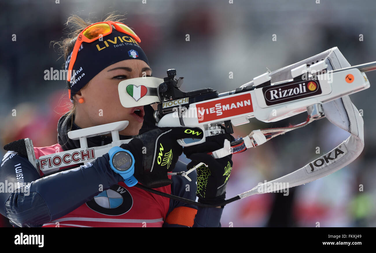 Oslo, Norway. 9th March, 2016. Dorothea Wierer of Italy at the shooting ...