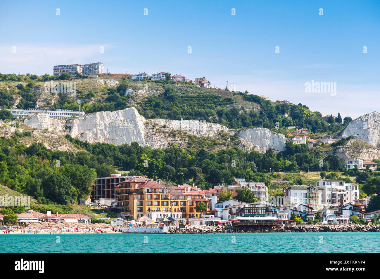 Summer cityscape with public beach of Balchik town, Black Sea coast ...