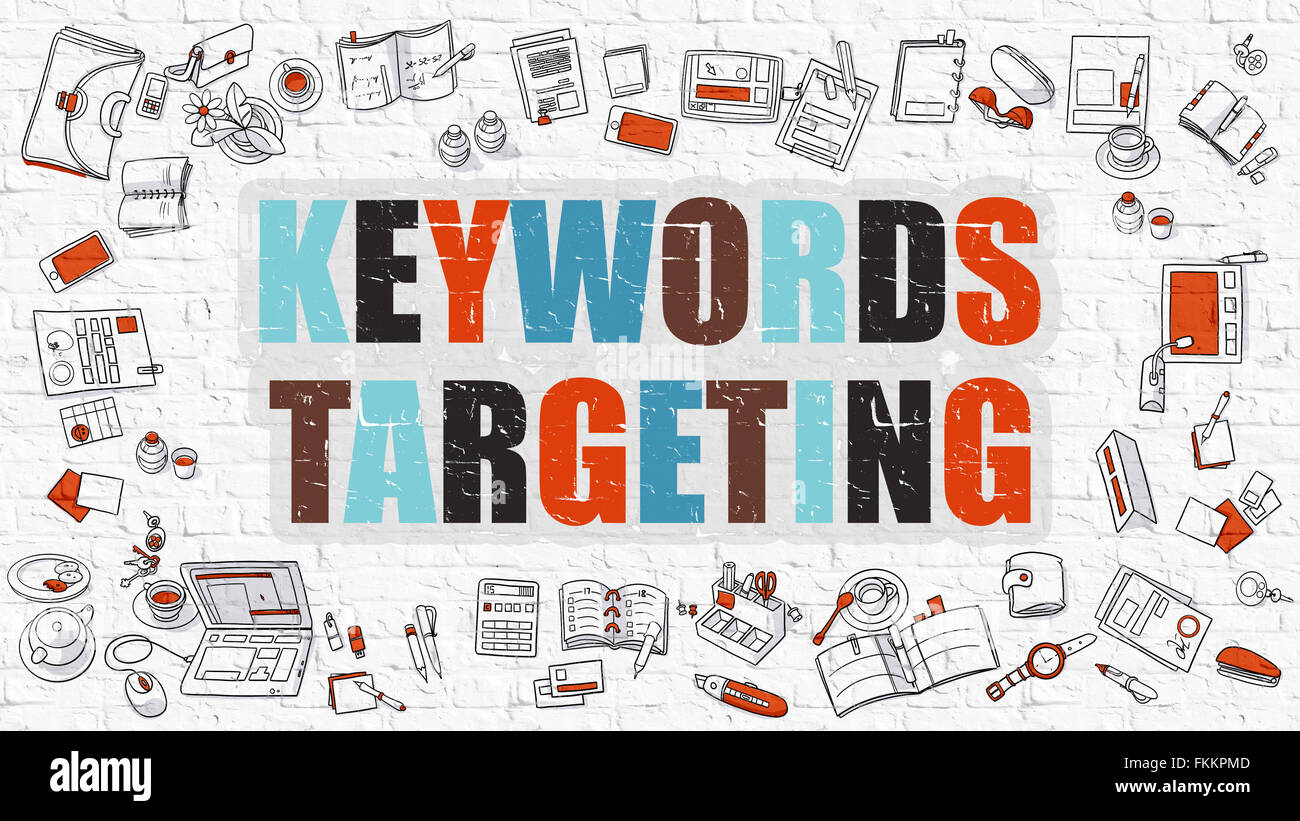 Multicolor Keywords Targeting on White Brickwall. Doodle Style Stock ...