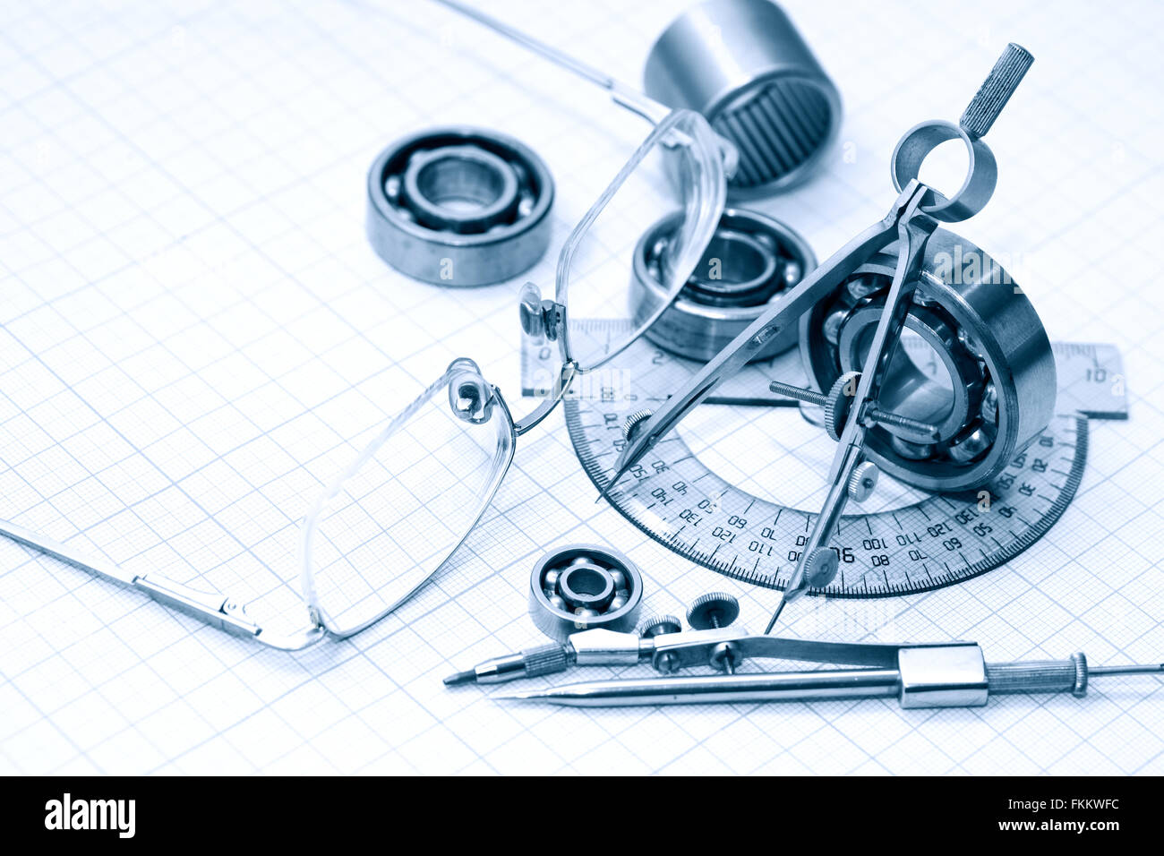 Engineering concept. Drawing instrument and rulers near spectacles on ...