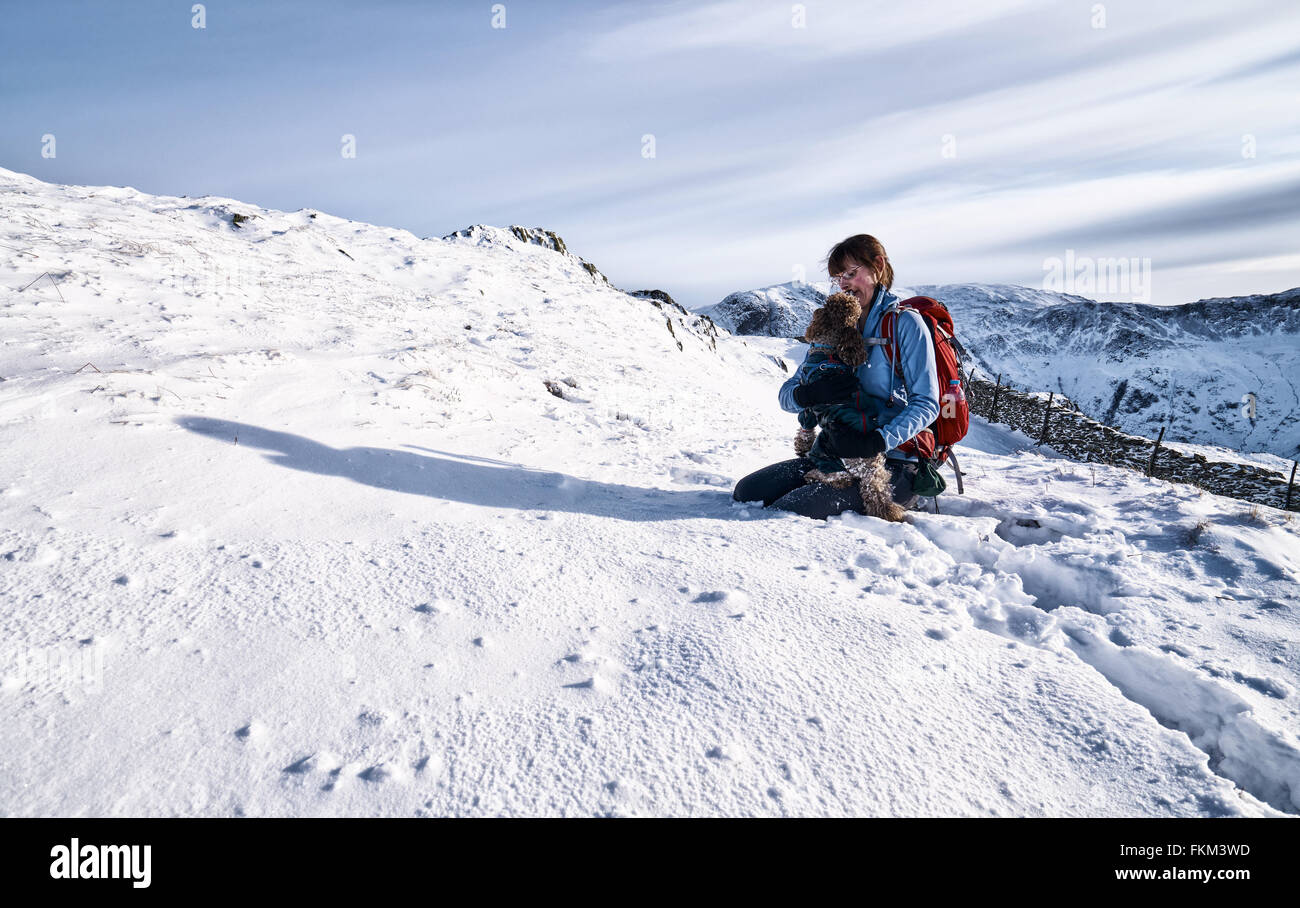 A hiker checking their dogs paws from for snow while hiking in winter ...