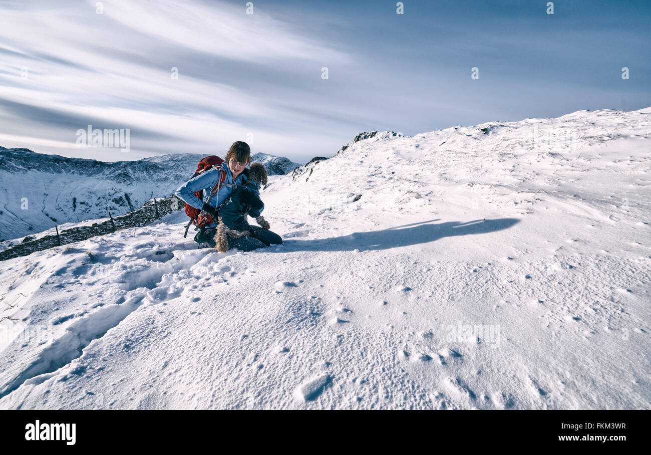 A hiker checking their dogs paws from for snow while hiking in winter ...