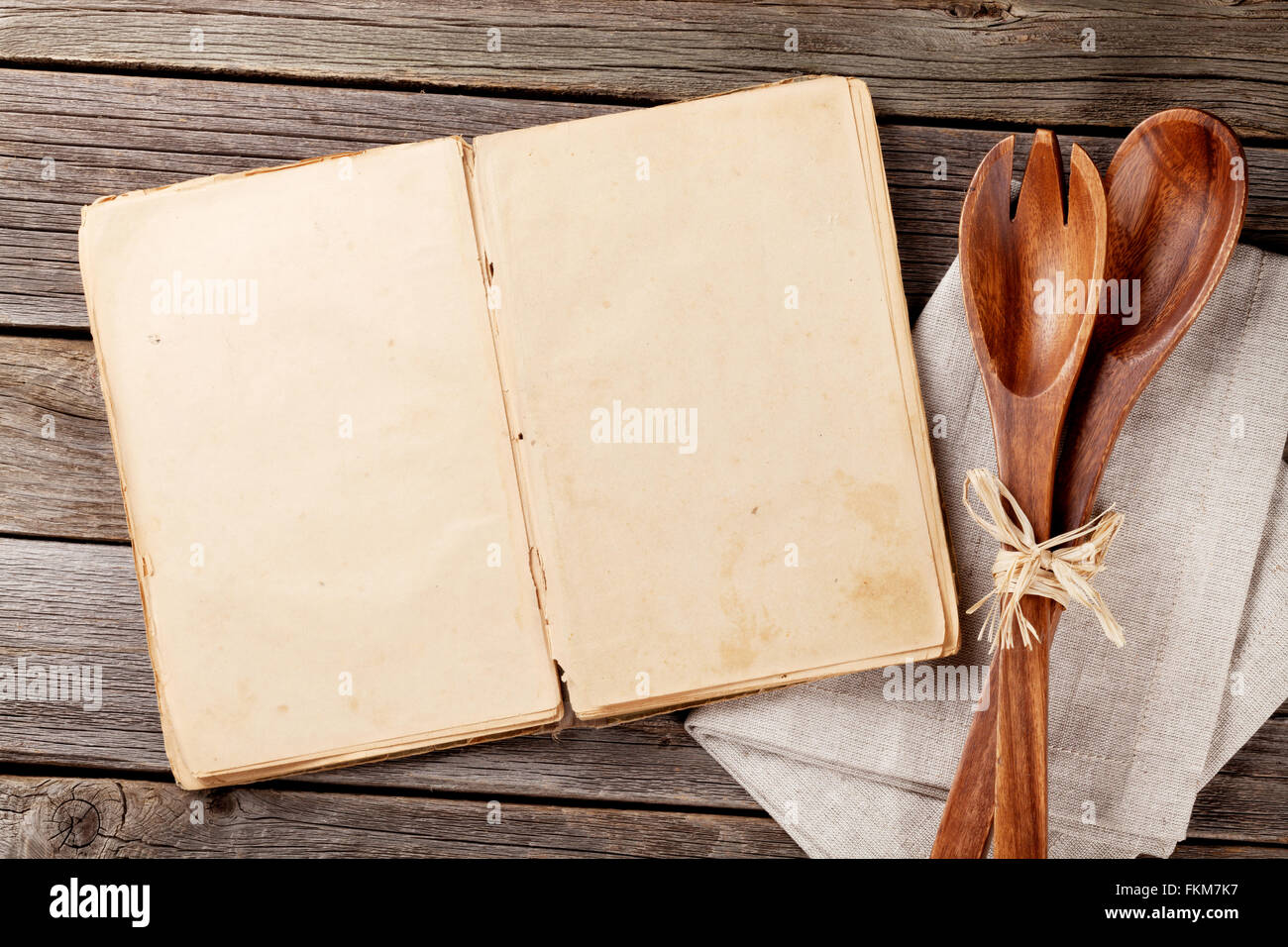 Blank vintage recipe cooking book and utensils. Top view with copy ...