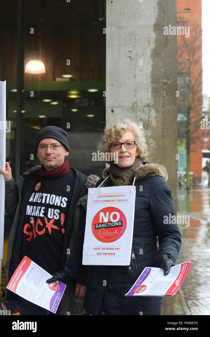 Manchester, UK. 9th March, 2016. Members of Unite Community campaigning ...
