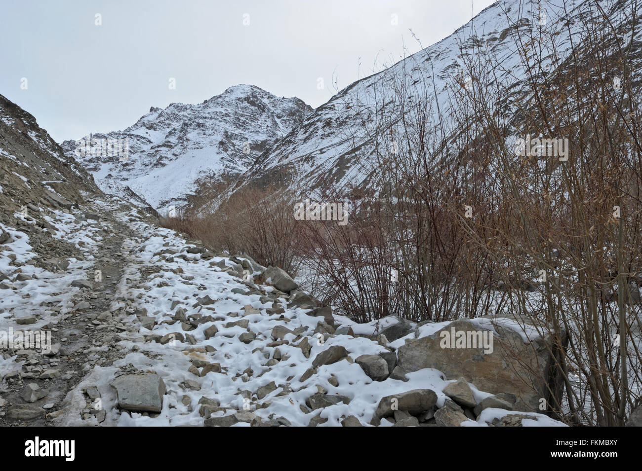 Trekker on a tough frozen rocky trail or path in the treeless trans ...