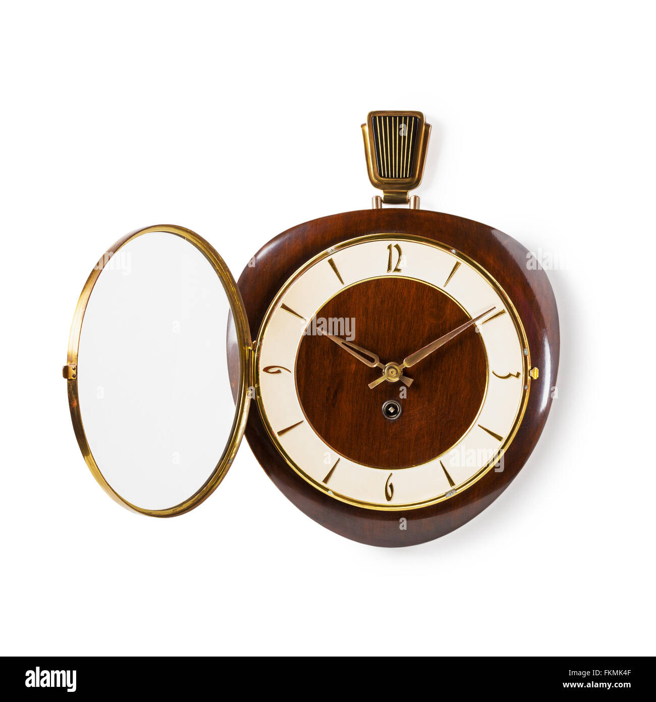 Retro old wall clock with opened glass lid isolated on white background ...