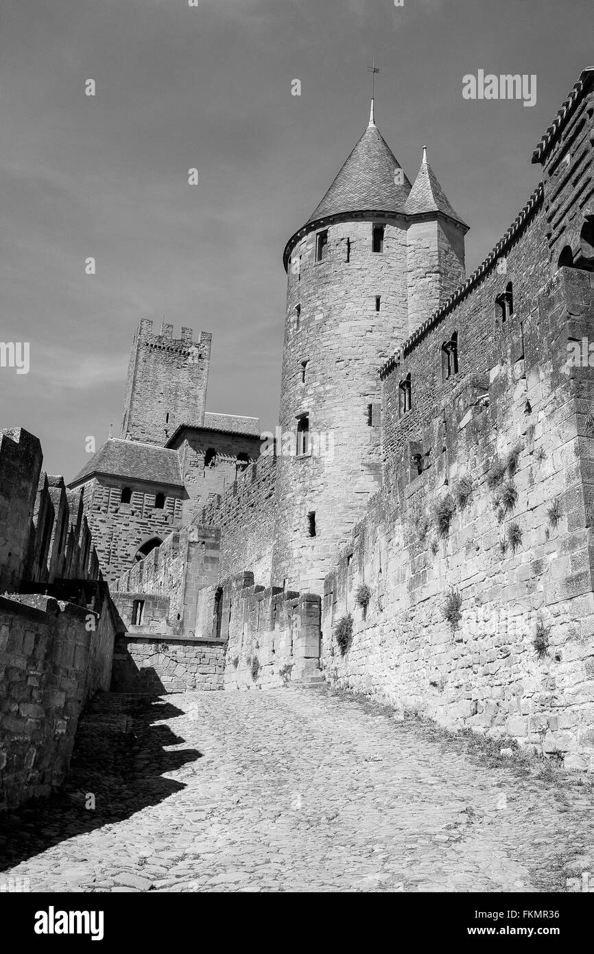 Wall and ramparts at medieval Carcassonne Castle,Cite,Aude,South France ...