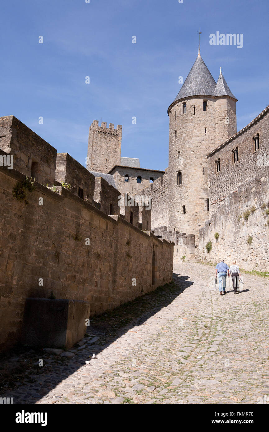 Wall and ramparts at medieval Carcassonne Castle,Cite,Aude,South France ...