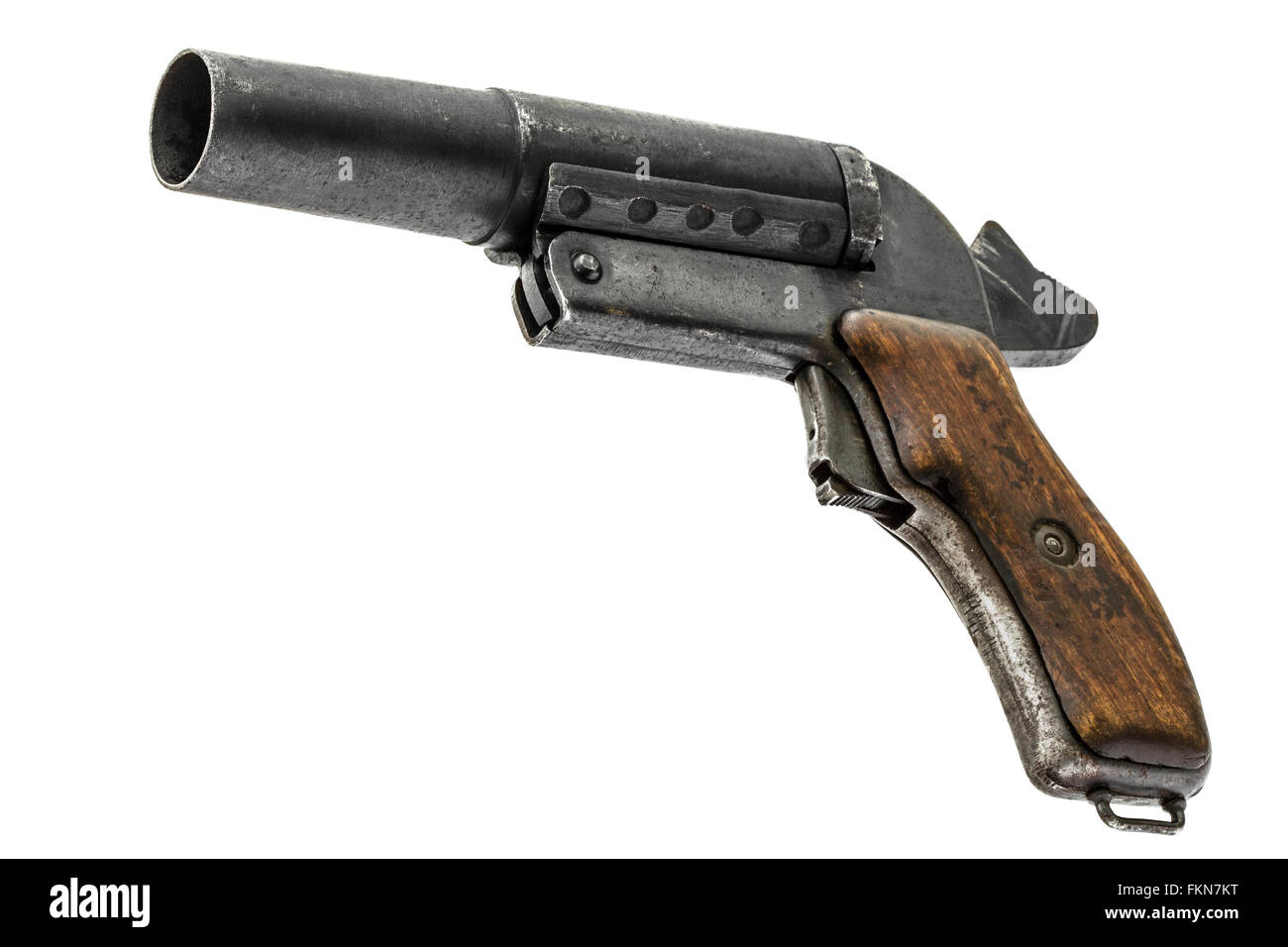 Old signal pistol, flare gun with the hammer cocked, isolated on white ...