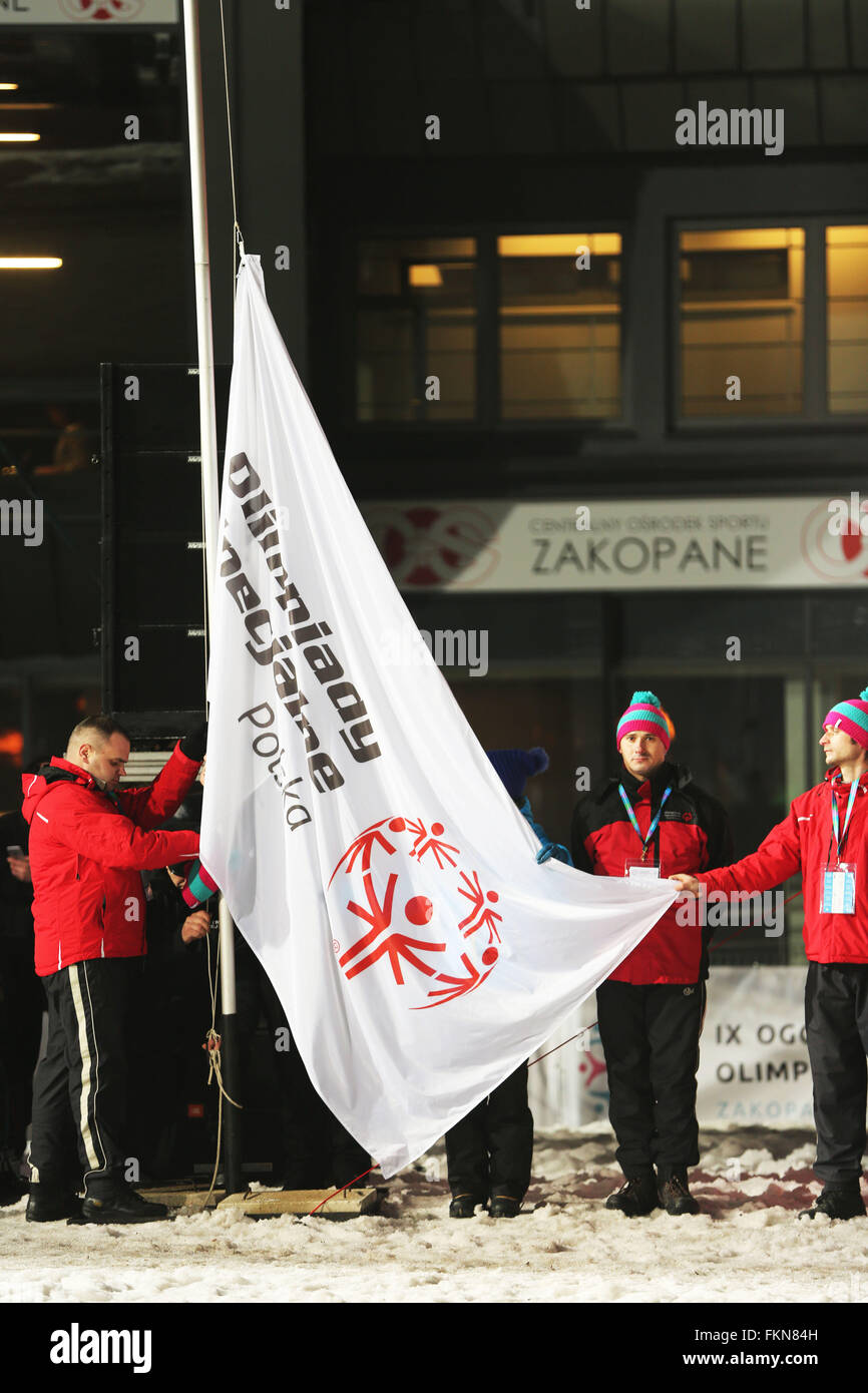 Zakopane, Poland. 09th Mar, 2016. The Special Olympics flag is raised ...