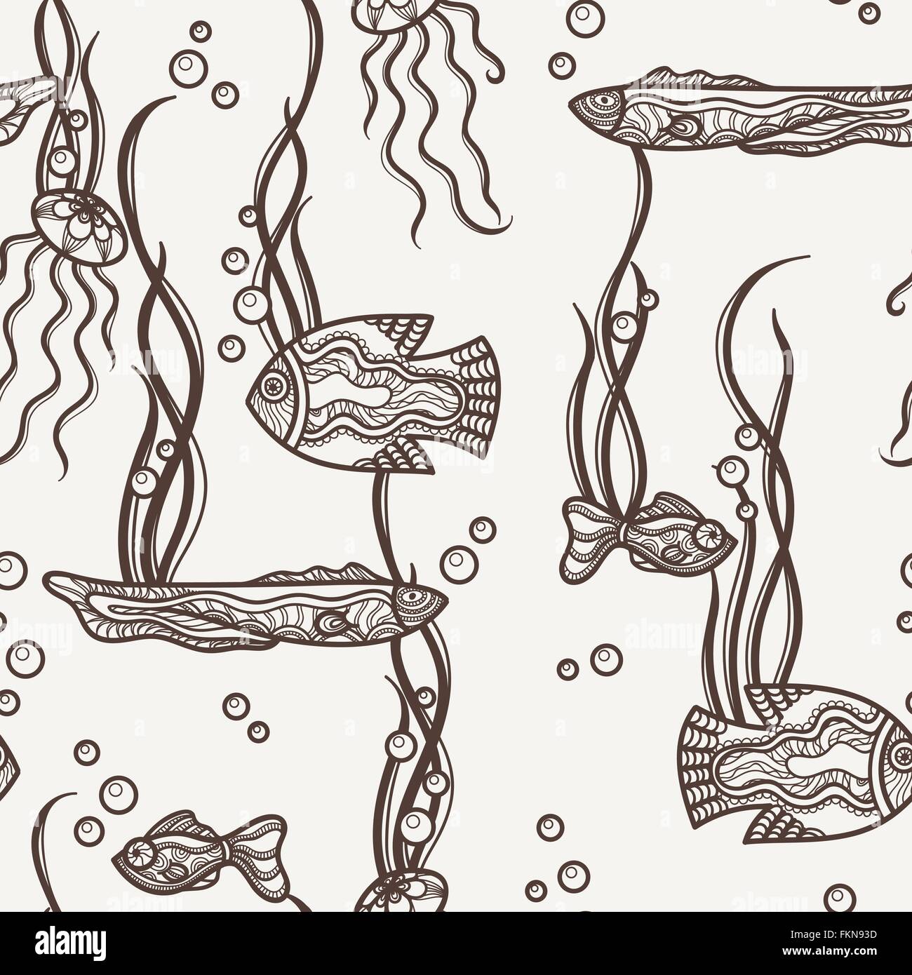 Vector seamless pattern with hand painted fancy fish and algae Stock ...