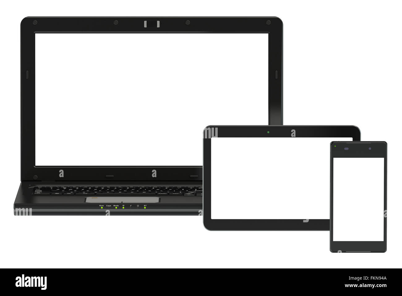 Laptop, tablet and smartphone with white screen isolated on white ...