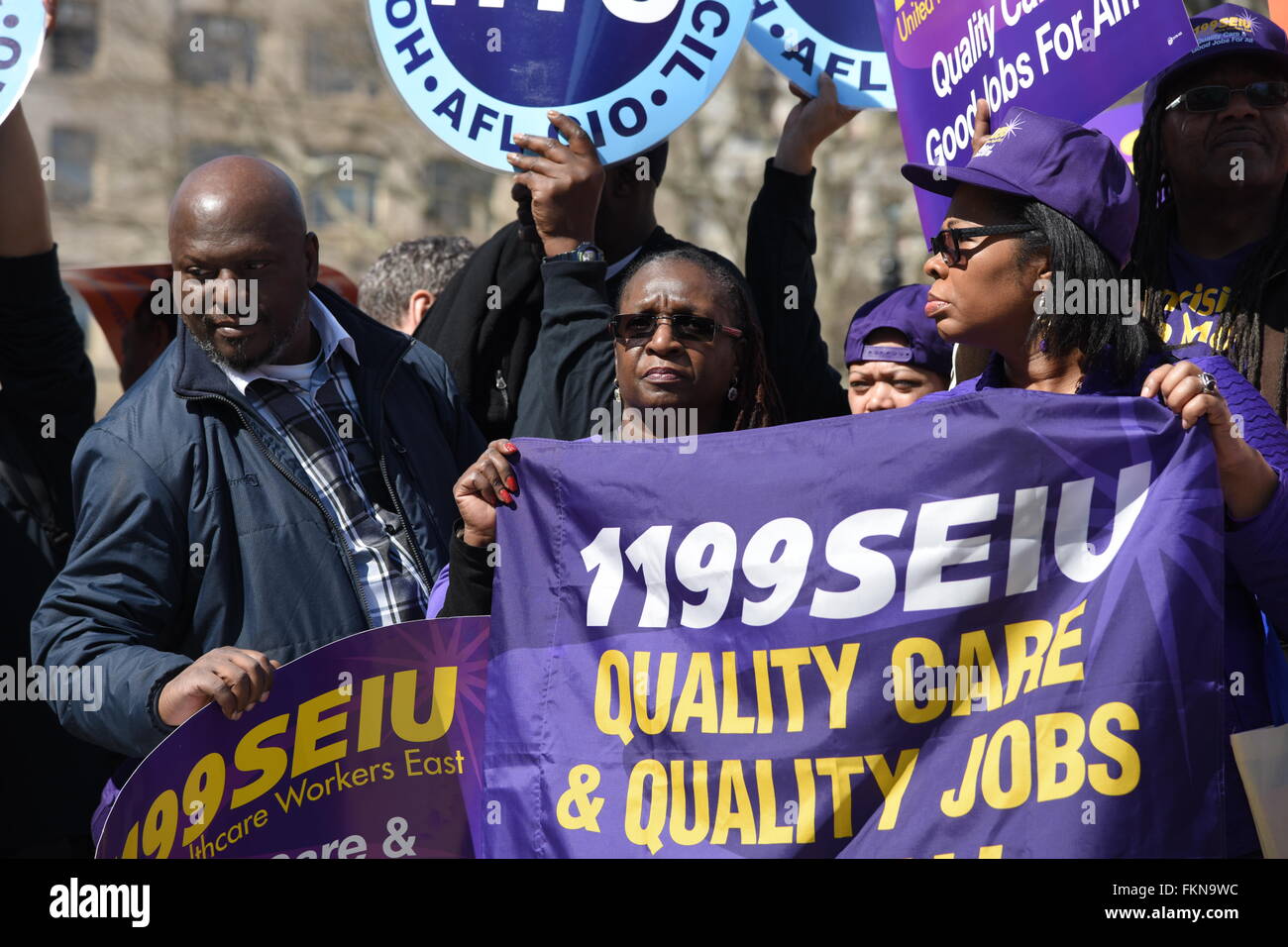 New York City, United States. 09th Mar, 2016. 1199 SEIU members with ...