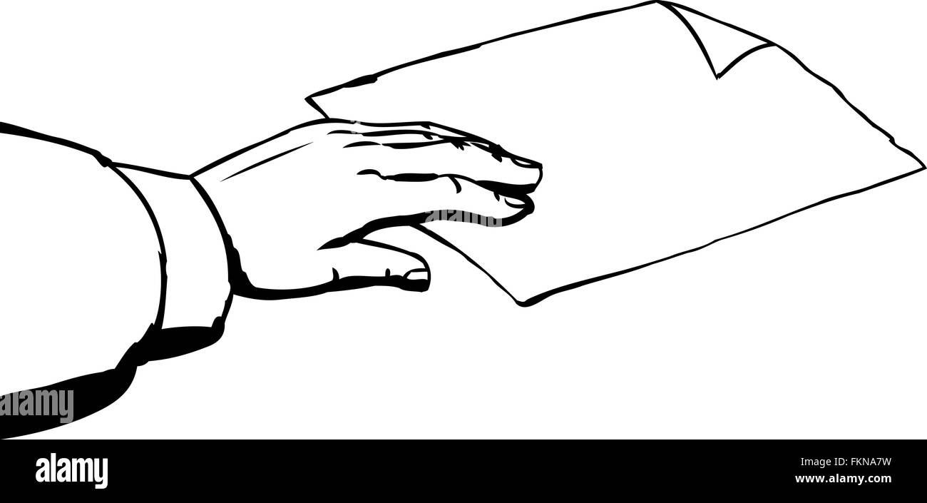 Outline sketch of hand taking single piece of paper with folded corner ...
