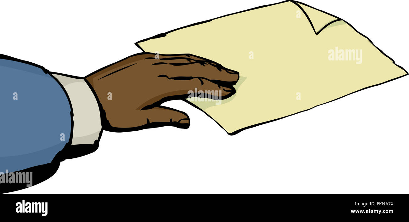 Single hand taking single piece of paper with folded corner on white ...