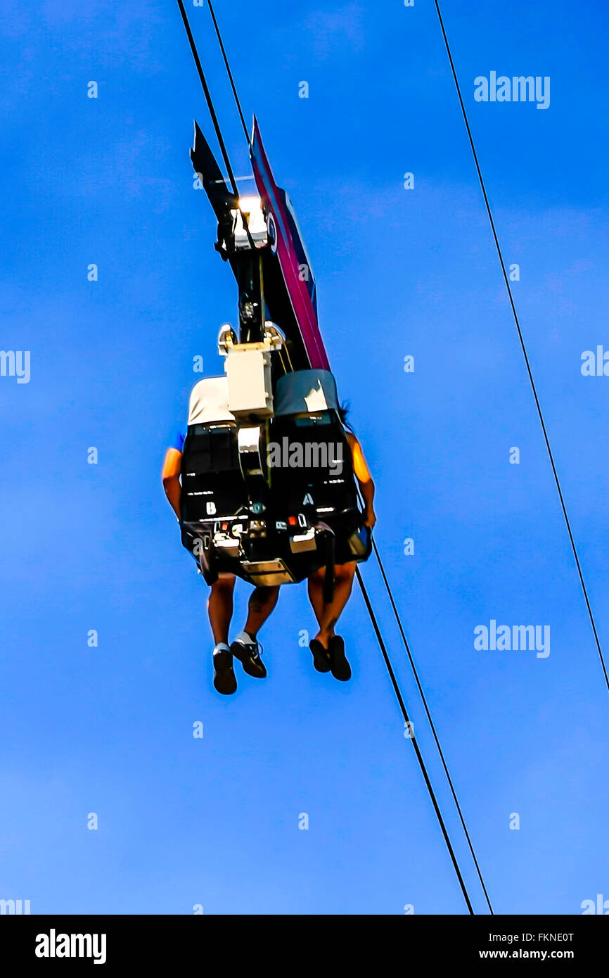People enjoying the thrill of a zip-line amusement ride Stock Photo - Alamy