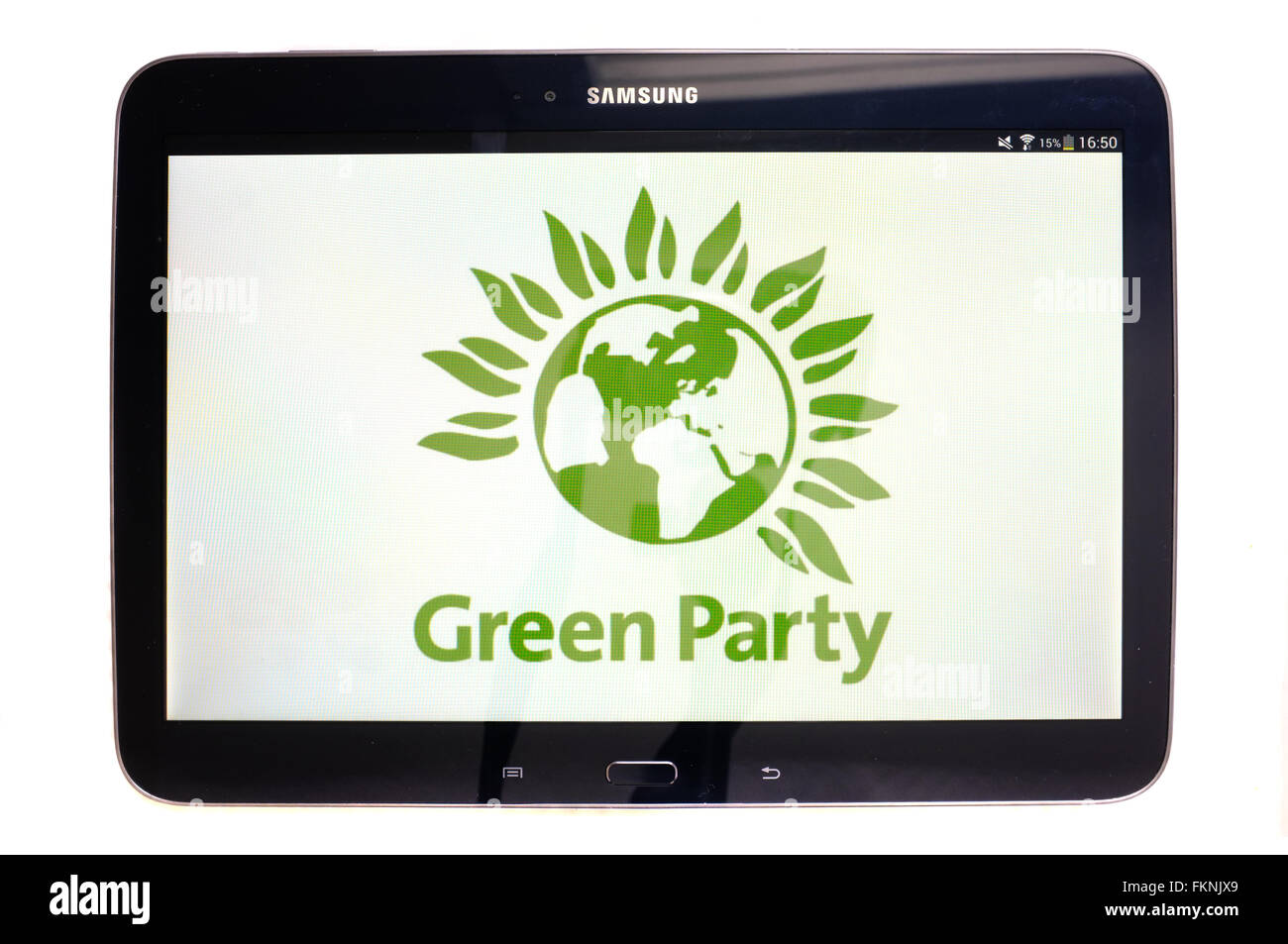 The Green Party logo displayed on the screen of a tablet photographed ...