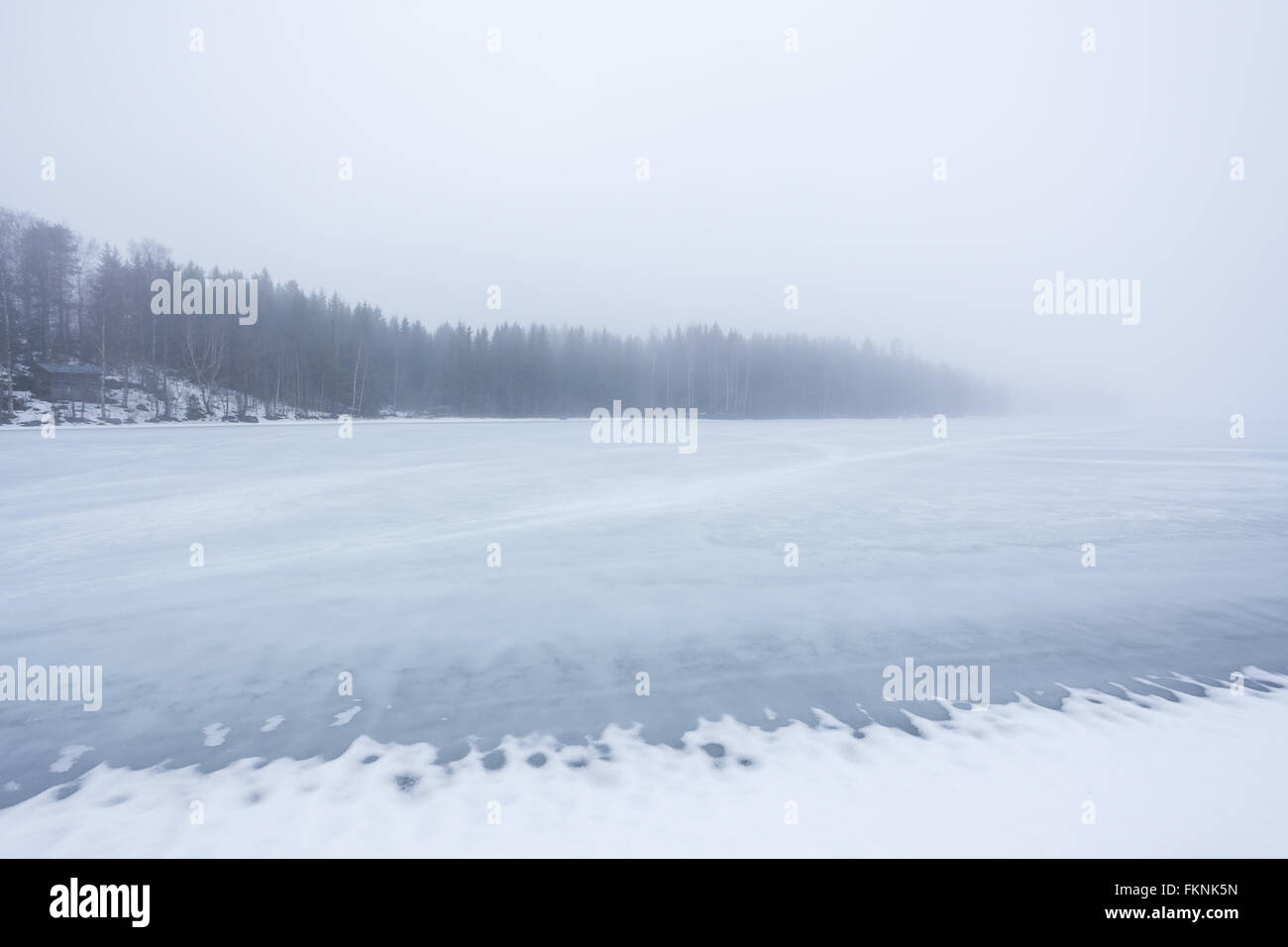 Thick fog at frozen lake landscape Stock Photo - Alamy