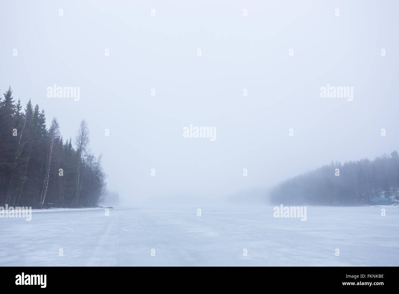 Thick fog at frozen lake landscape Stock Photo - Alamy