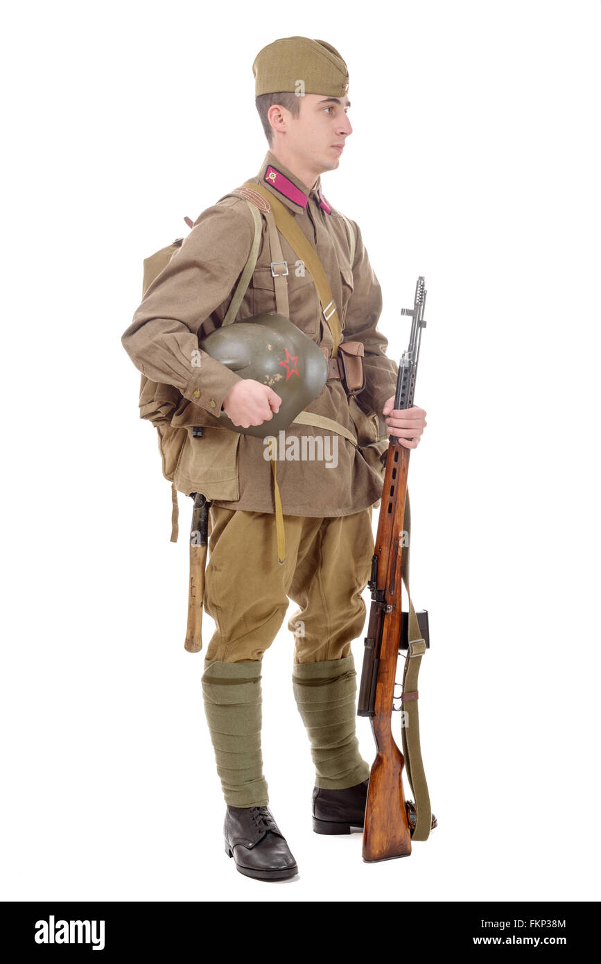 a young Soviet soldier with rifle on the white background Stock Photo ...