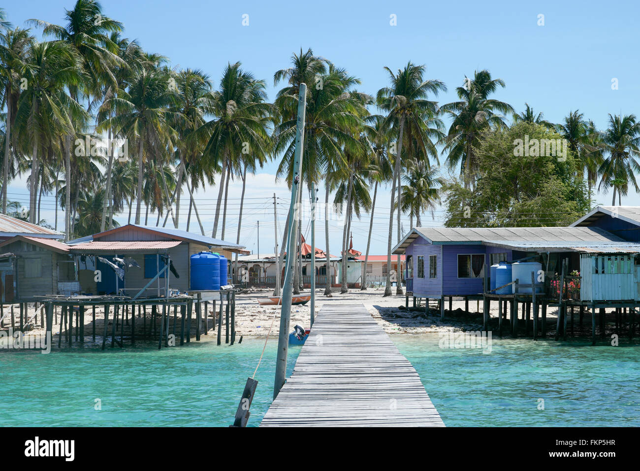 Omadal Island village and wooden jetty located in Semporna, Sabah ...