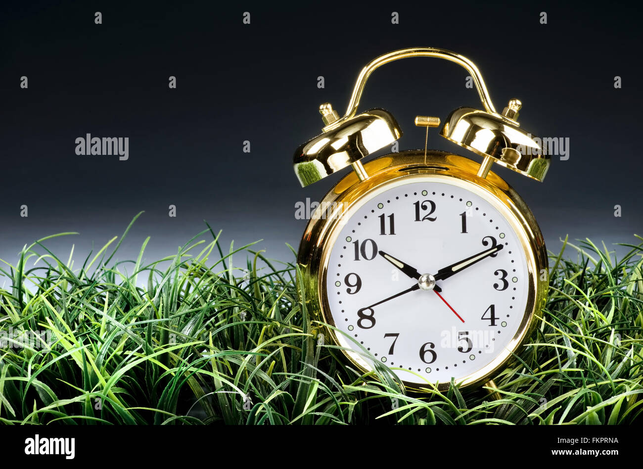 Brass alarm clock on green grass with room for your type Stock Photo ...