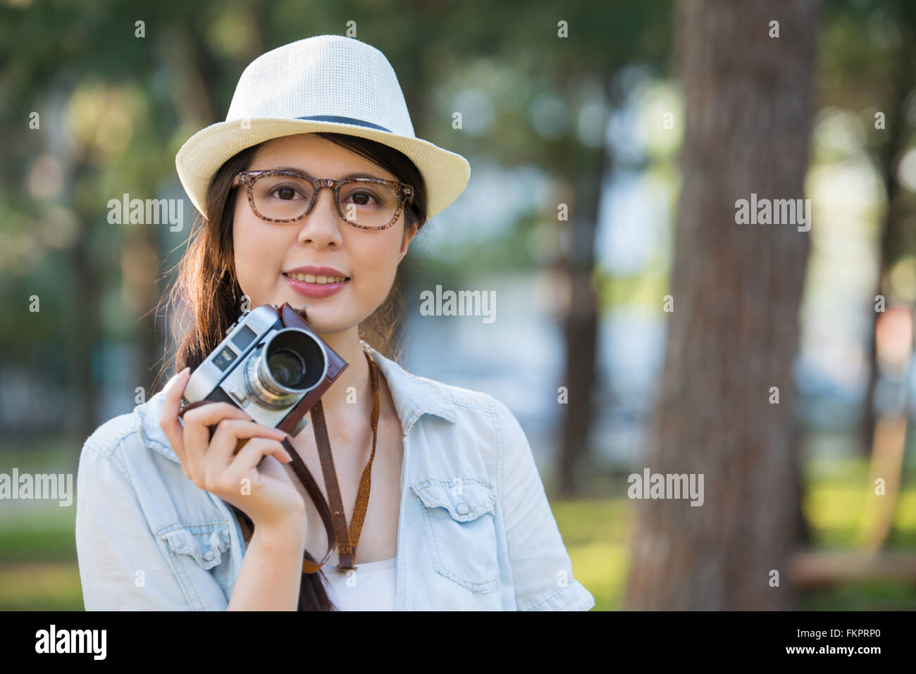 Beautiful Young Girl Smile With Retro Camera Outdoor Travel Stock