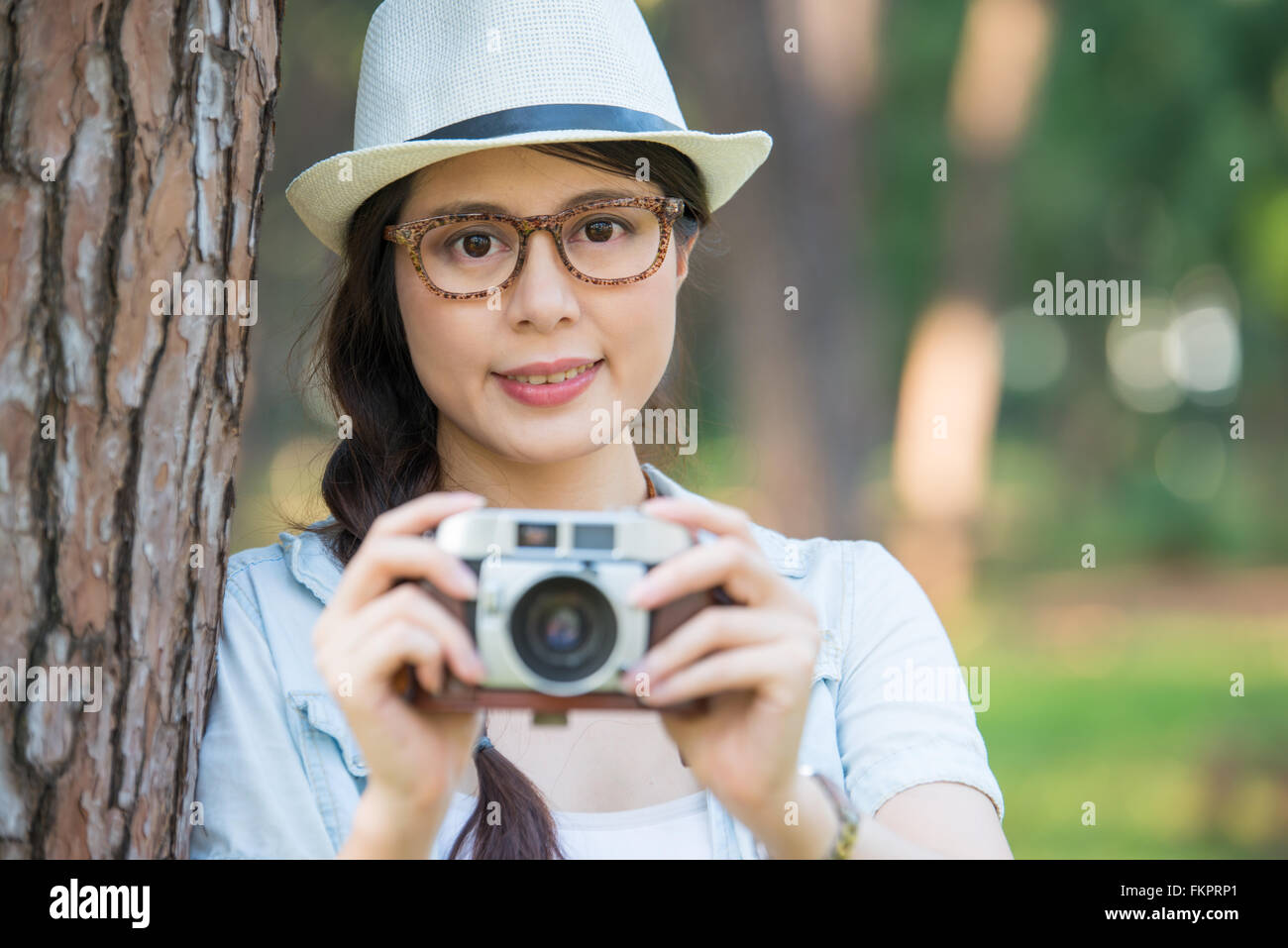 Beautiful Young Girl Smile With Retro Camera Outdoor Travel Stock