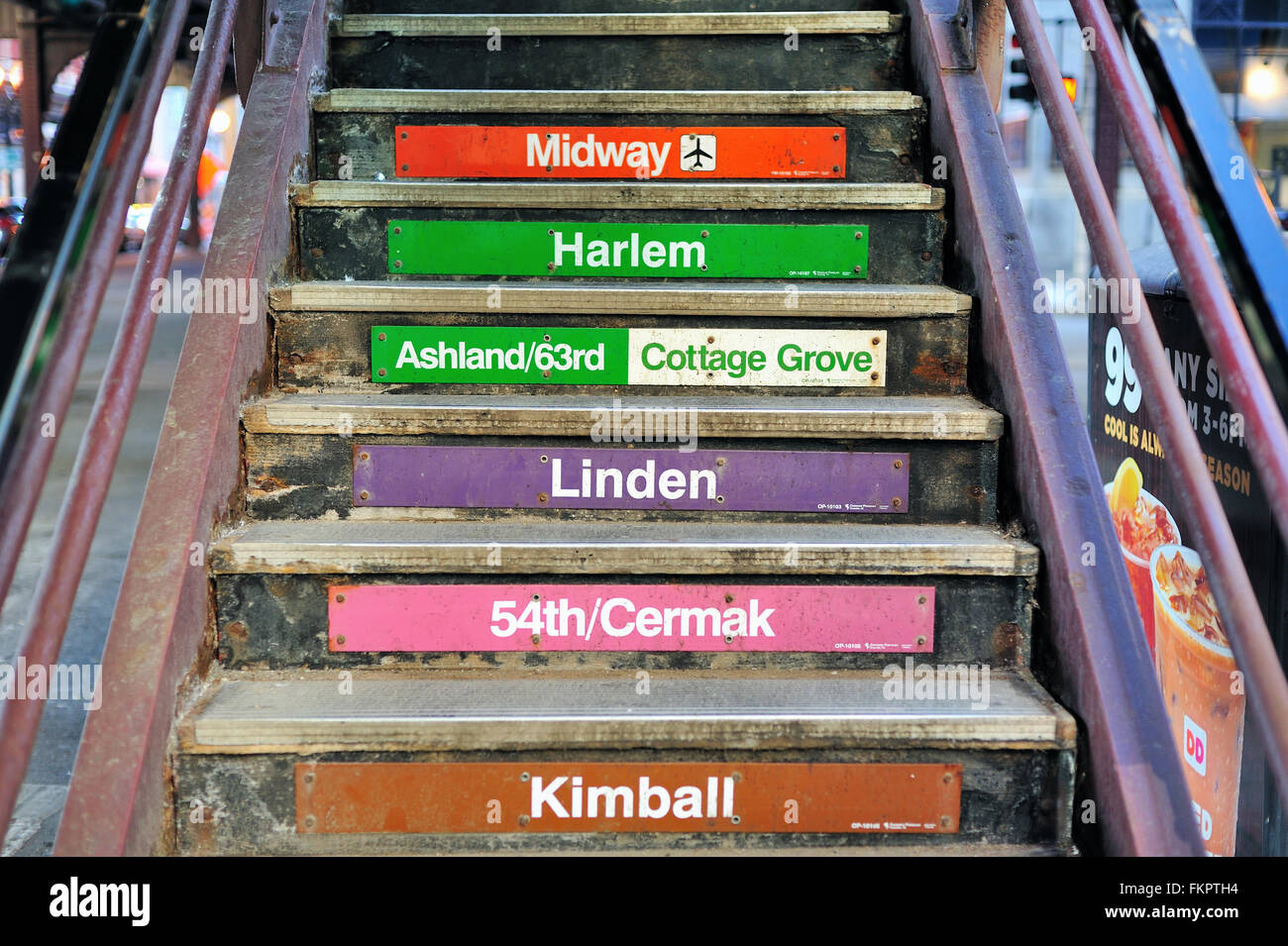 Chicago, Illinois, USA.CTA rapid transit line signs on stairs to ...
