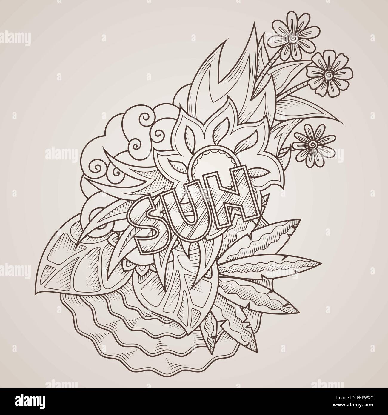 Vector label with sea, sun, leaves and flowers. Sunny, summer character ...
