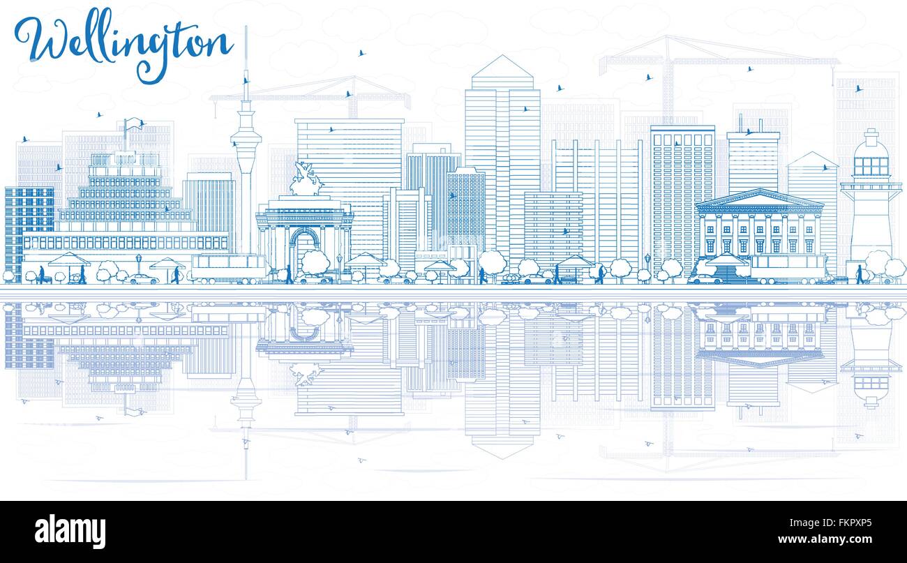 Outline Wellington skyline with blue buildings and reflections. Vector ...