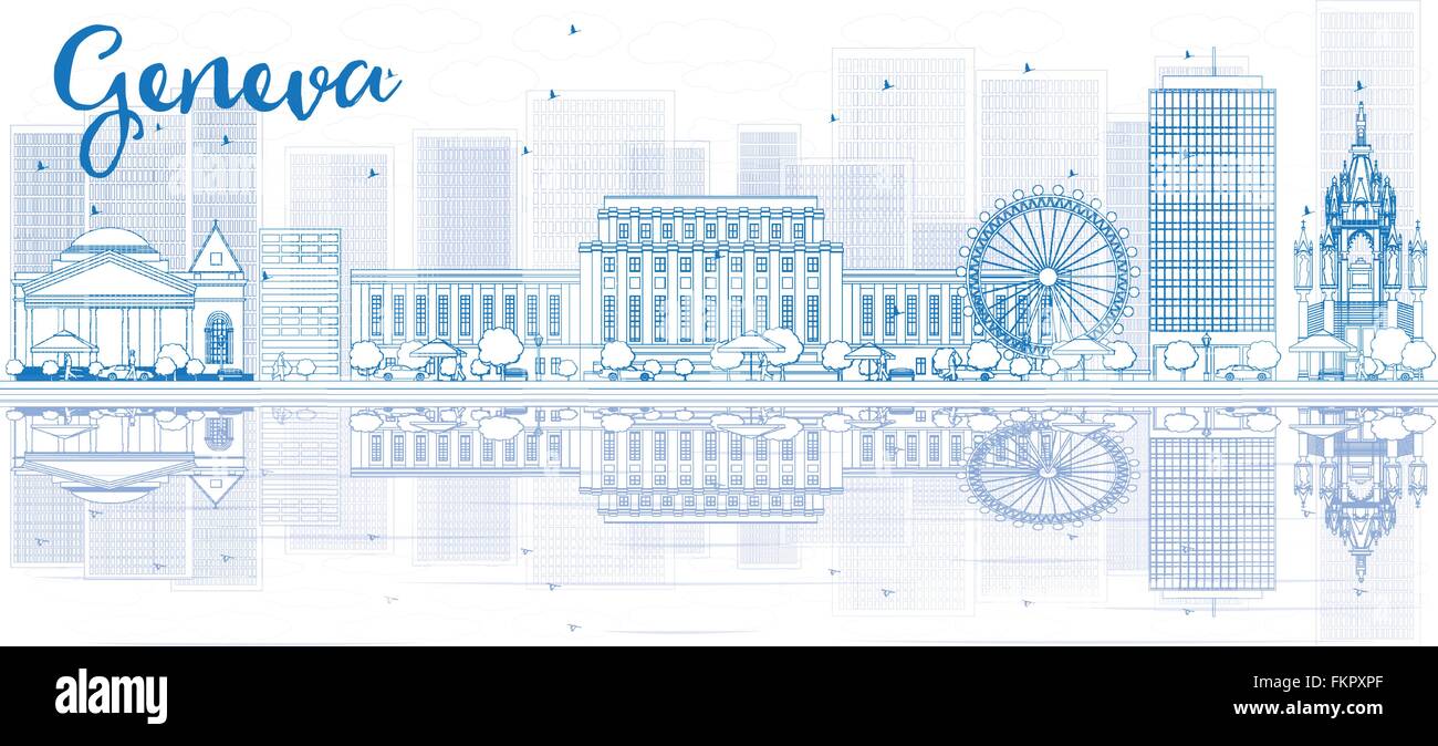 Outline Geneva skyline with blue buildings and reflections. Vector ...