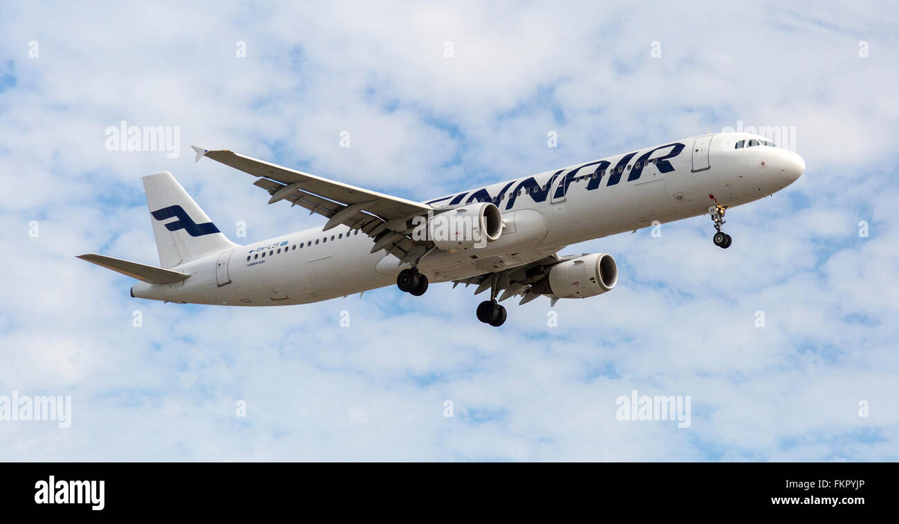 Finnair Airlines Finland Aeroplane landing at London Heathrow airport ...
