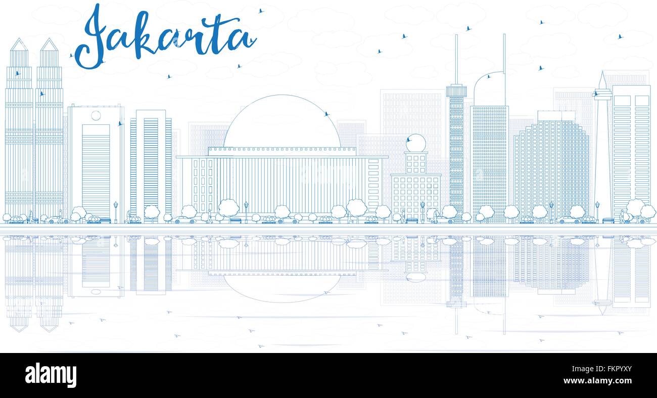 Outline Jakarta skyline with blue buildings and reflections. Vector ...