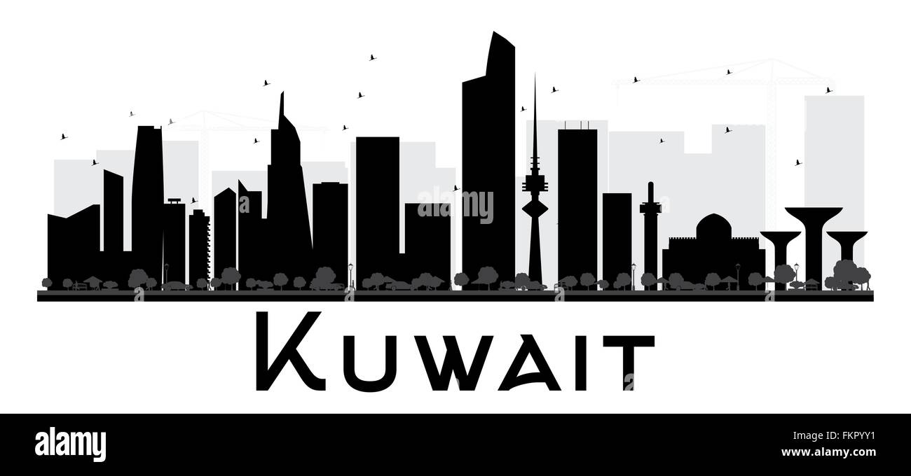 Kuwait City skyline black and white silhouette. Vector illustration ...