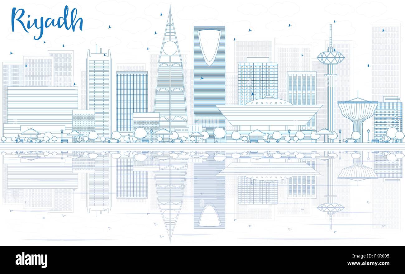 Outline Riyadh skyline with blue buildings and reflections. Vector ...