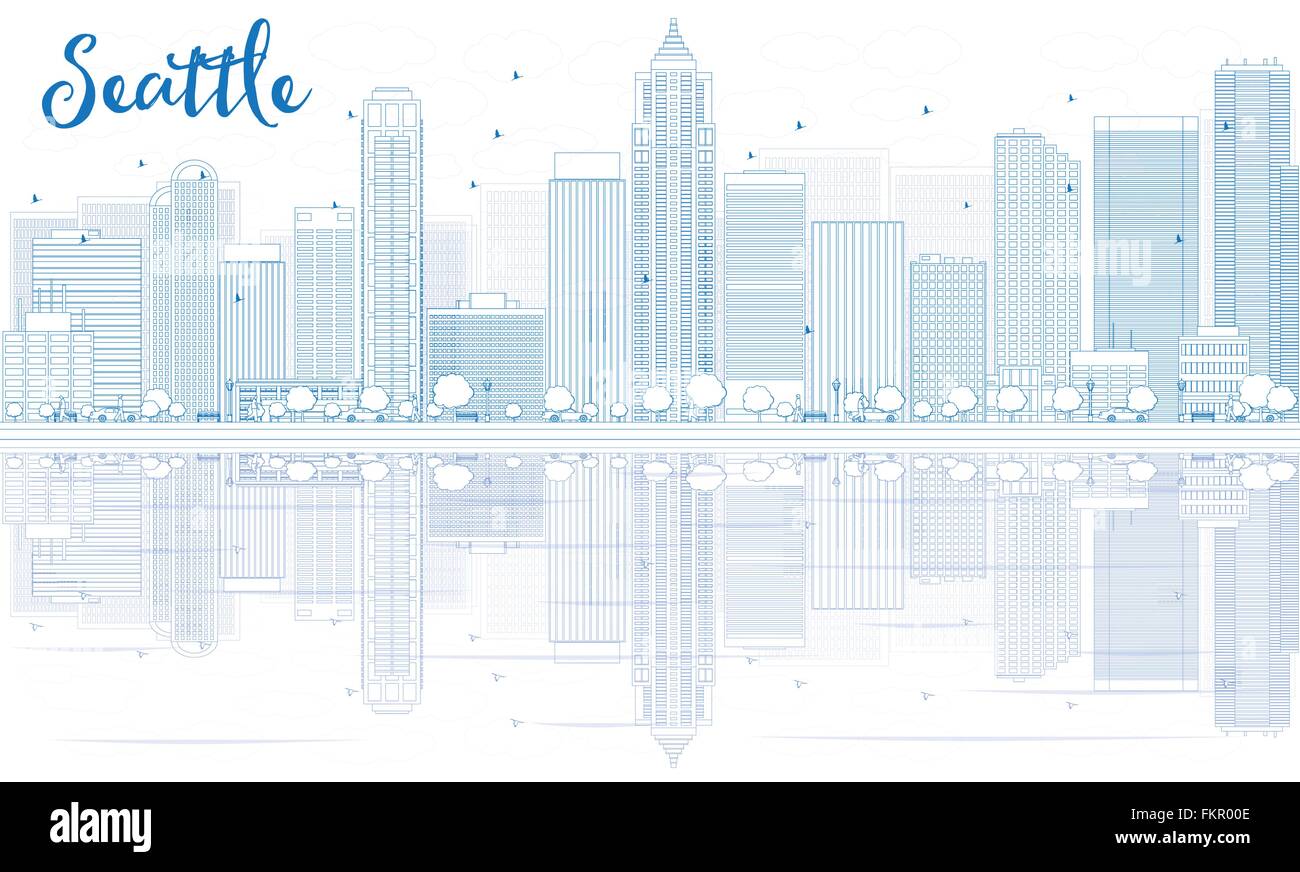 Outline Seattle skyline with blue buildings and reflections. Vector ...