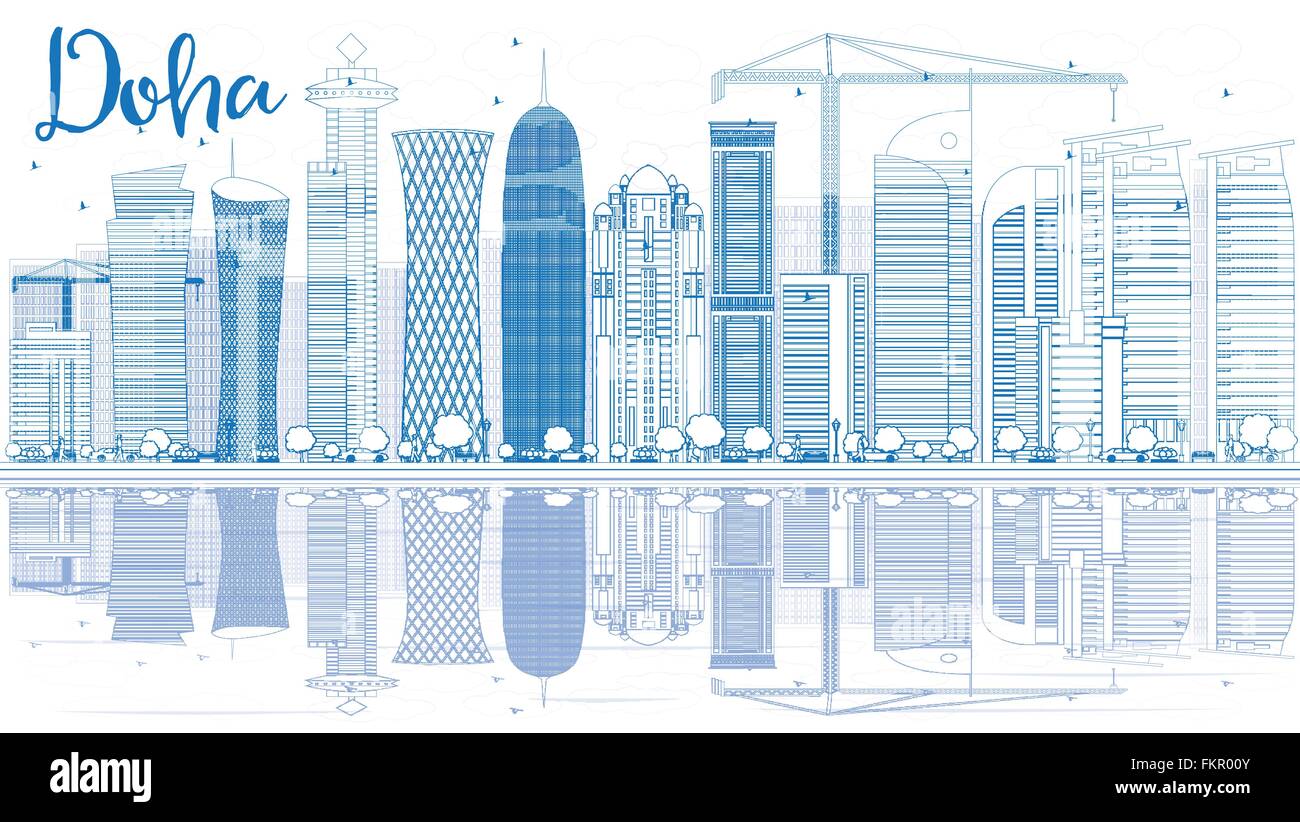Outline Doha skyline with blue skyscrapers. Vector illustration ...