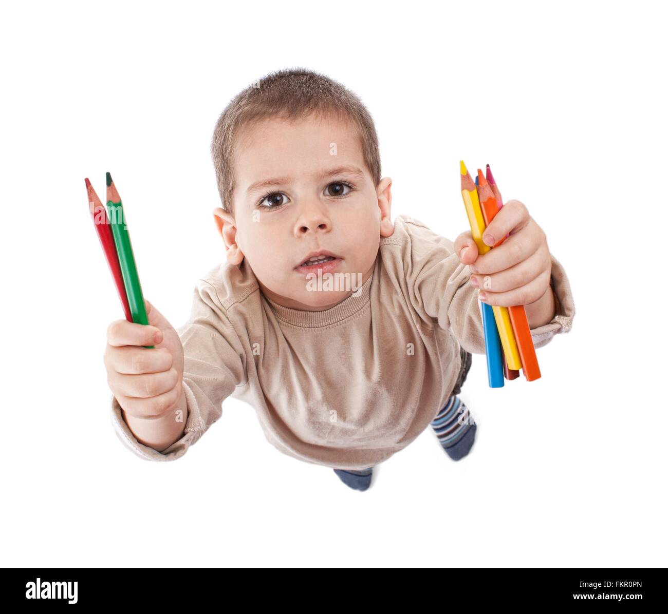 happy boy with color pencils over a white background Stock Photo - Alamy