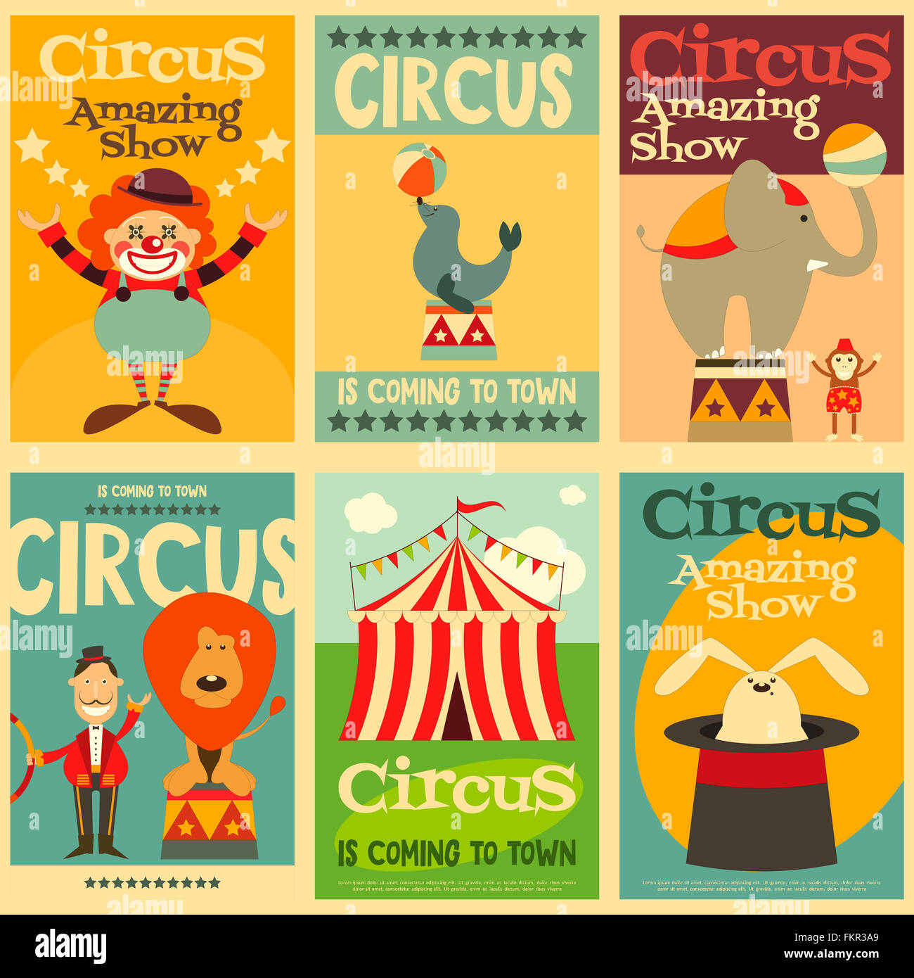 Circus Entertainment Posters Retro Set. Cartoon Style. Circus Animals ...