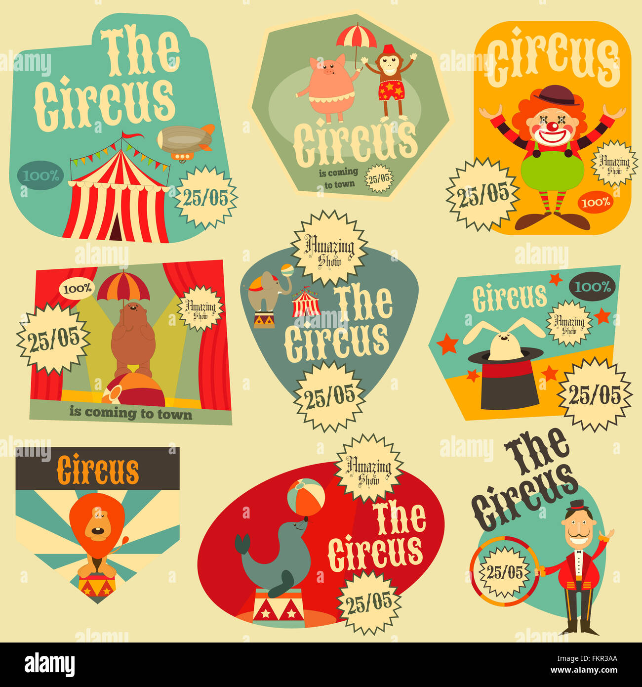 Circus Entertainment Labels Retro Set. Cartoon Style. Circus Animals ...