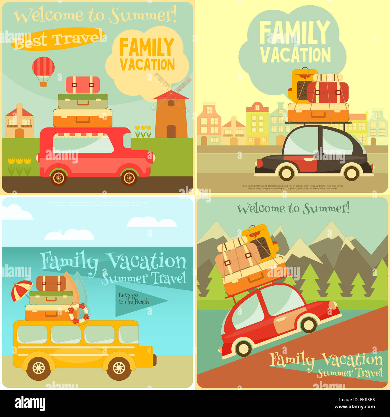 Retro Vehicles with Luggage on Roof. Travel Car. Mountain, Urban, Sea ...
