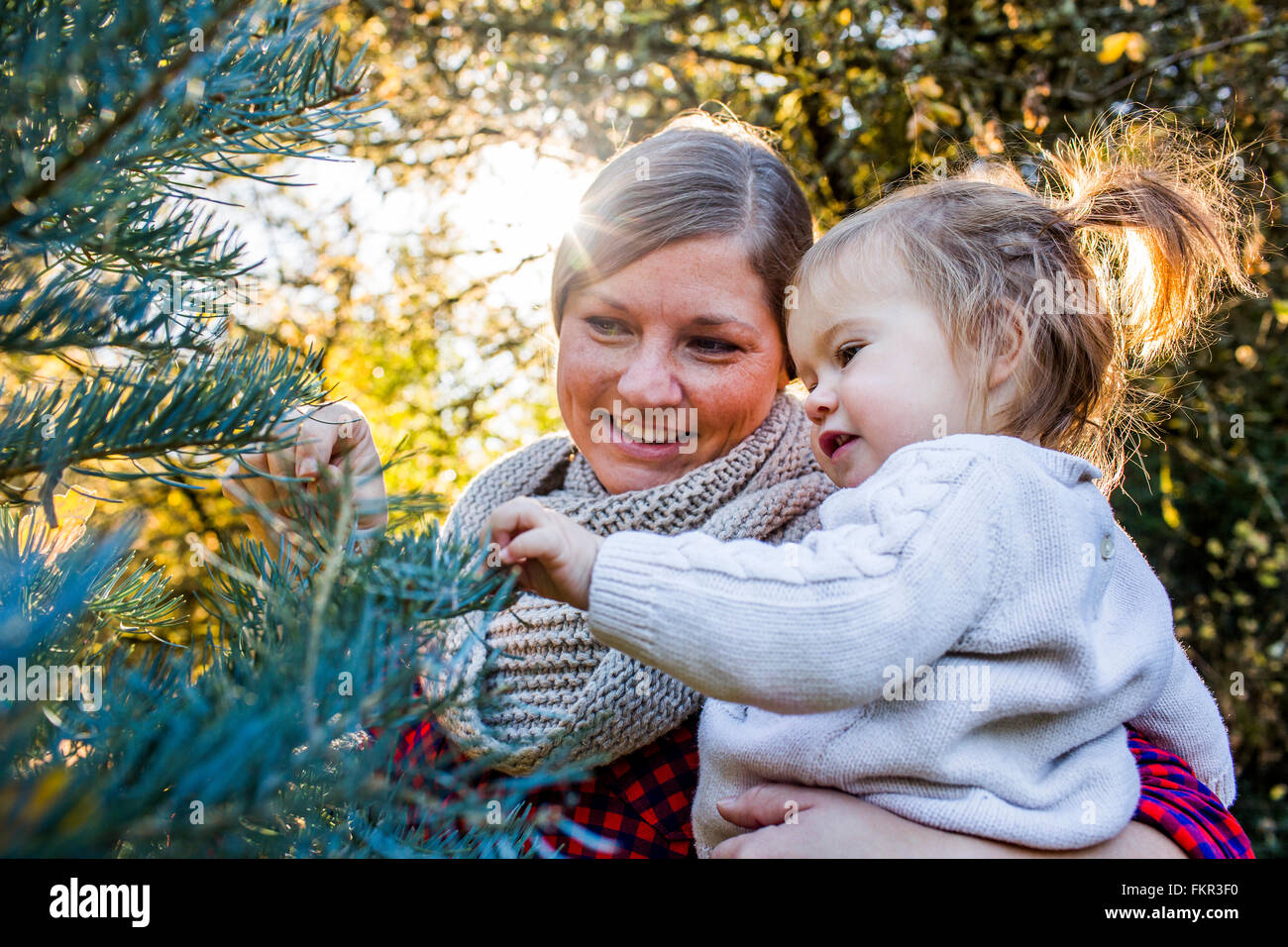 Caucasian mother and daughter admiring tree Stock Photo - Alamy