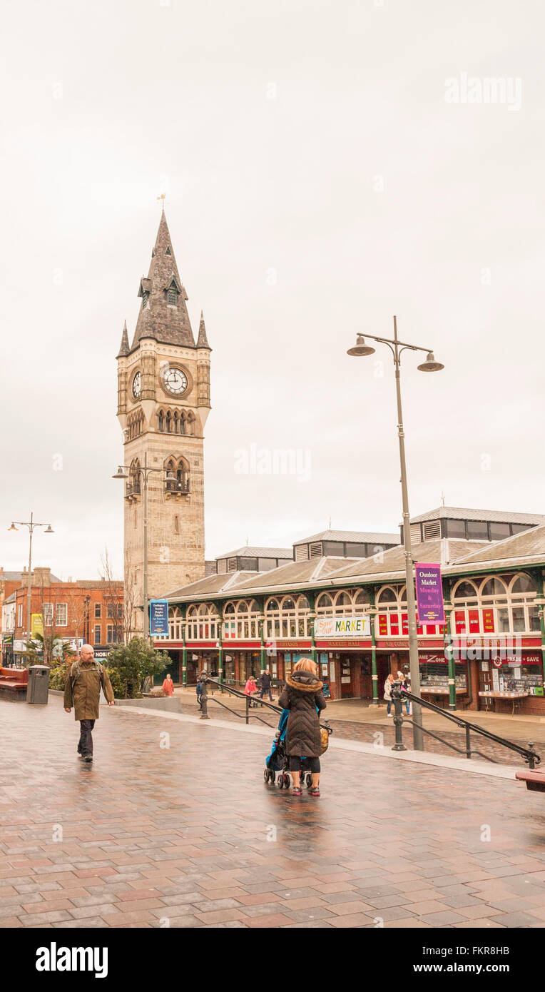 A view of the town clock and indoor market in Darlington in the north ...
