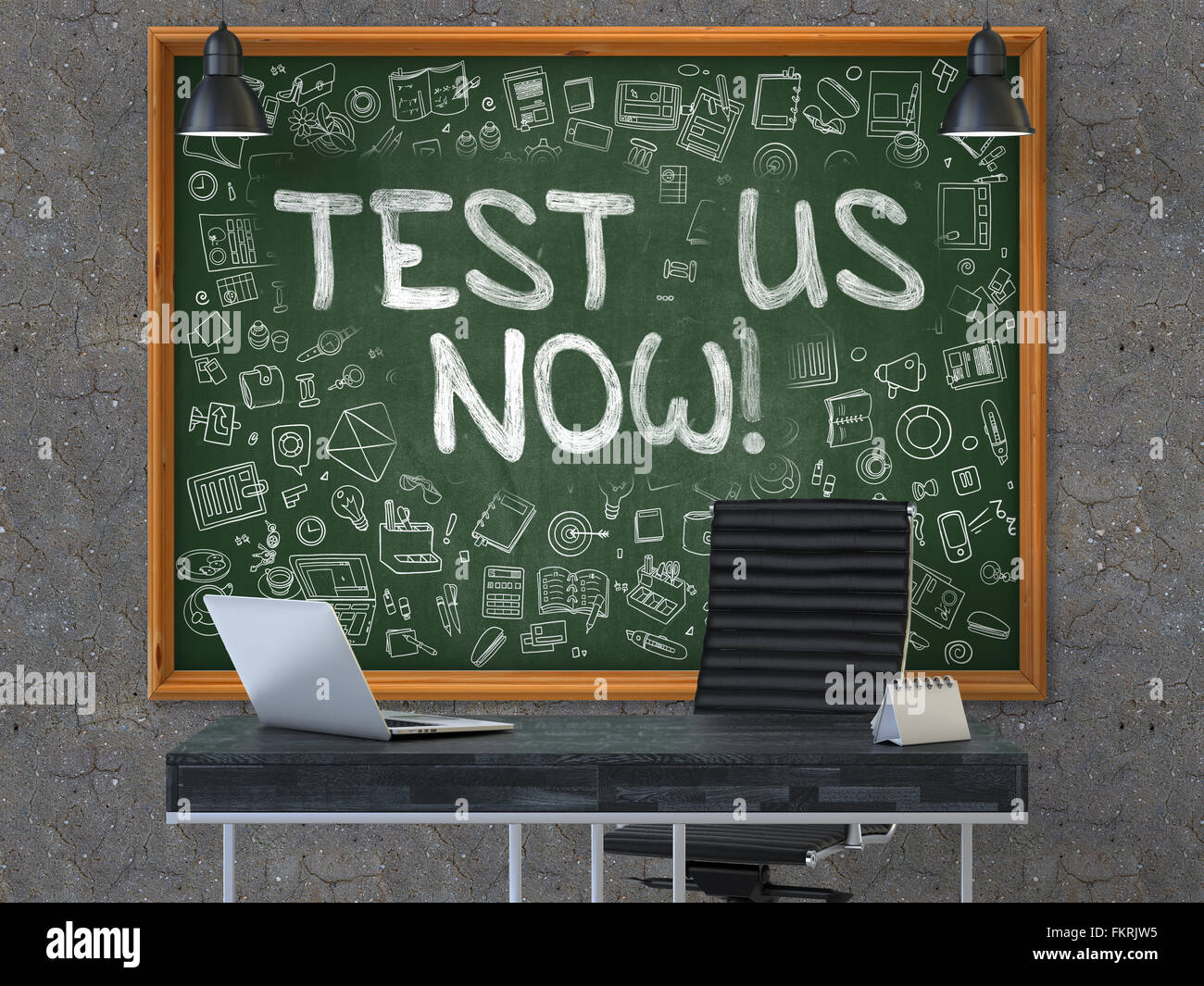Test Us Now on Office Chalkboard Stock Photo - Alamy