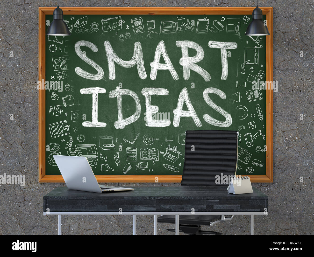 Smart Ideas on Chalkboard with Doodle Icons Stock Photo - Alamy