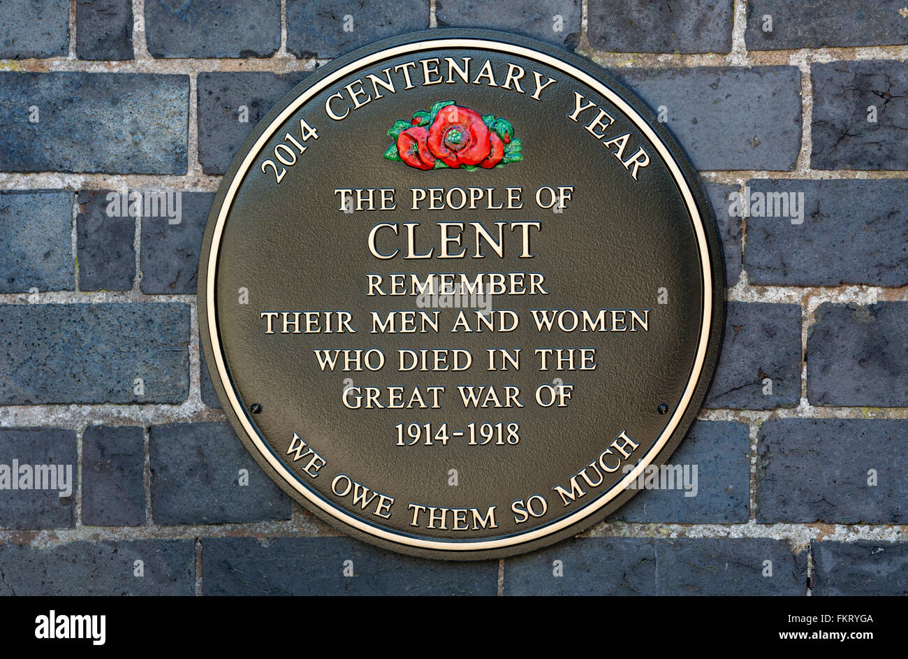 First World War centenary memorial plaque, Clent village ...