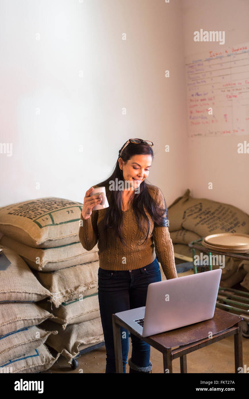 Hispanic business owner working in stock room Stock Photo - Alamy