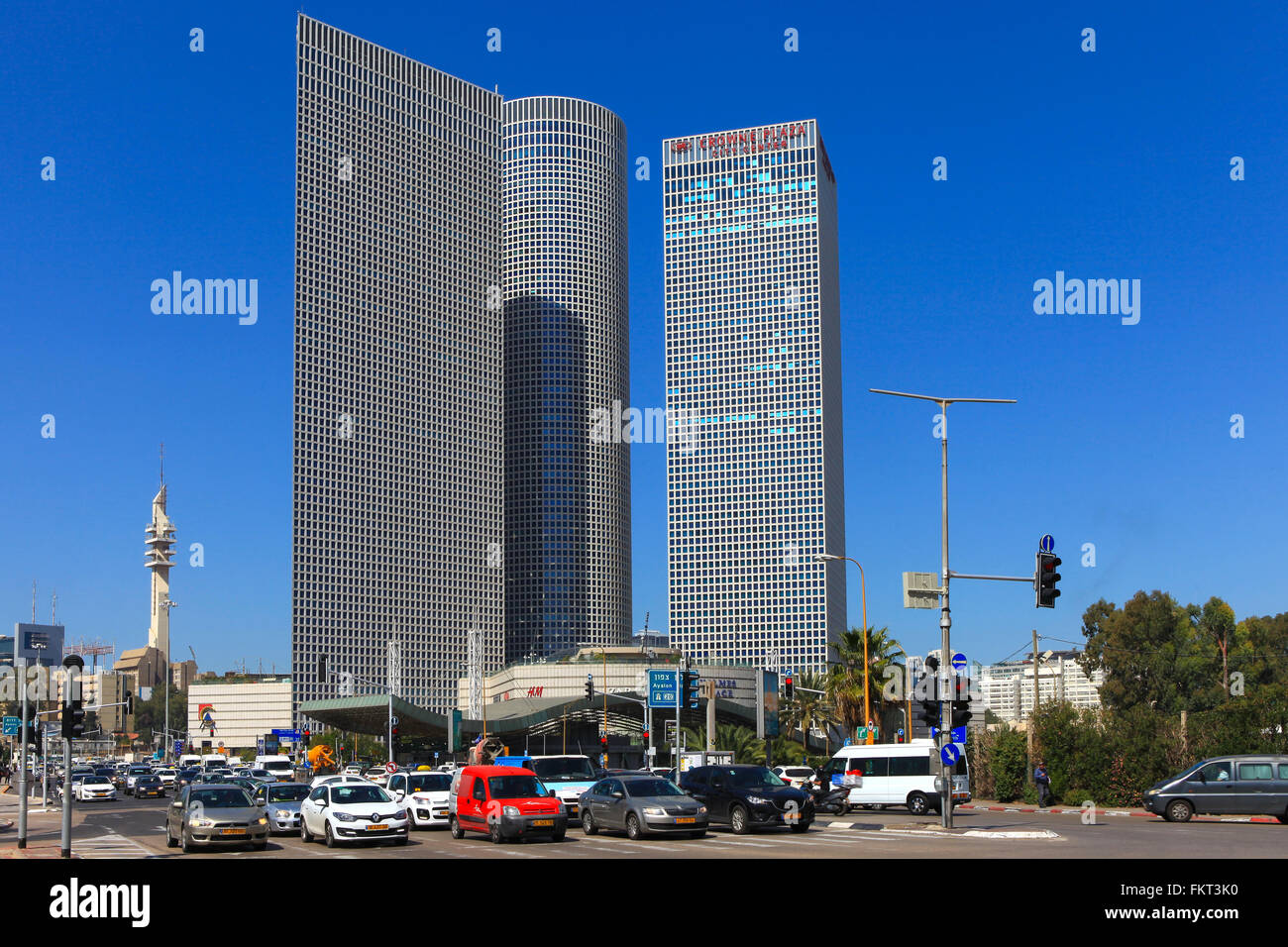 Tel Aviv's Hashalom central junction with traffic and the 3 Azrieli ...