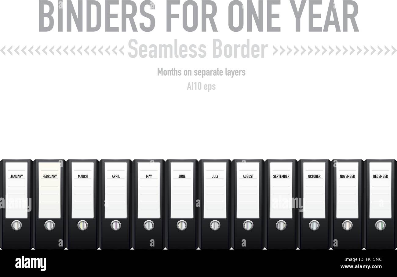 Seamless border with black binders labeled with months. Months on ...